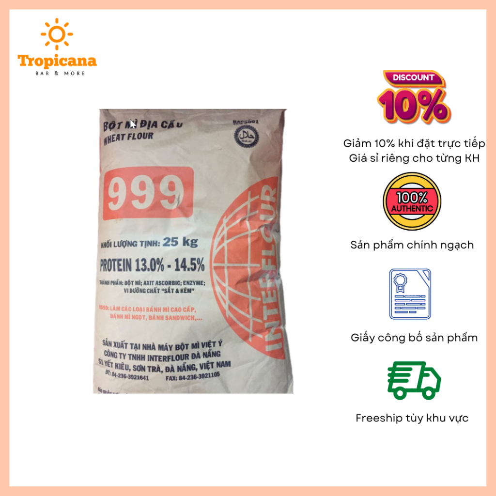 Bột mì cao cấp Interflour 999 protein: 13% - 14.5% - 1kg (Lấy từ bao ...