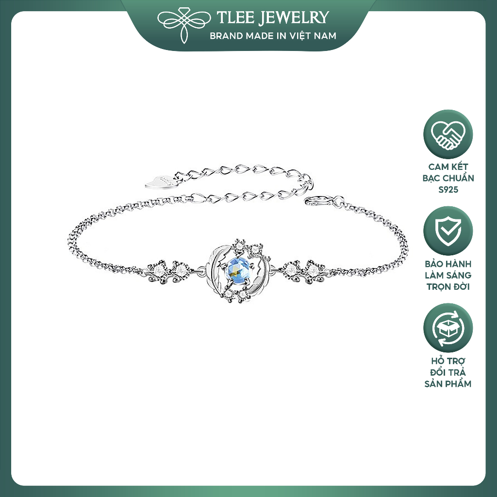 Lắc tay bạc nữ TLEE mặt tròn lông vũ đính đá moonstone mix hạt đá tròn xinh xắn TLEEJEWELRY ...