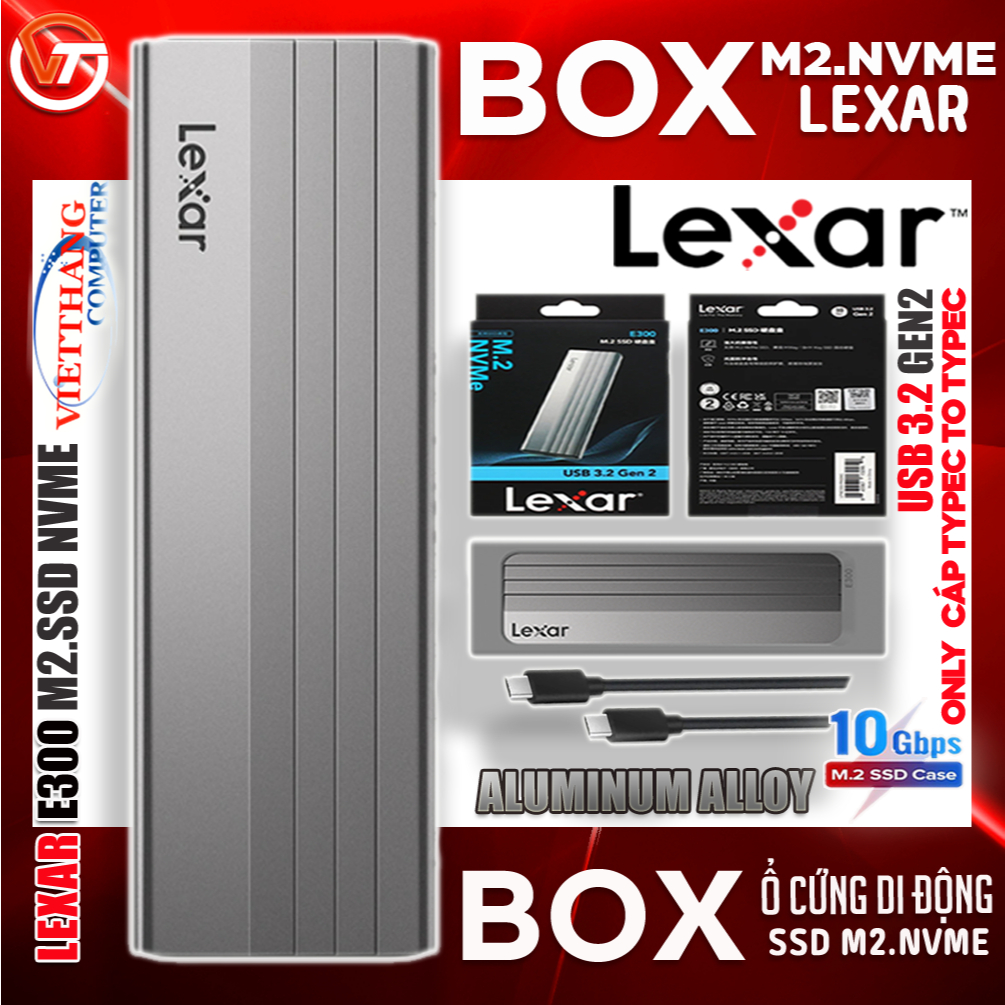 Box SSD Lexar E300 Hỗ trợ SSD M2.NVMe Chuẩn USB 3.2 Gen2 10Gbps - Nhôm nguyên khối Aluminum rất ...