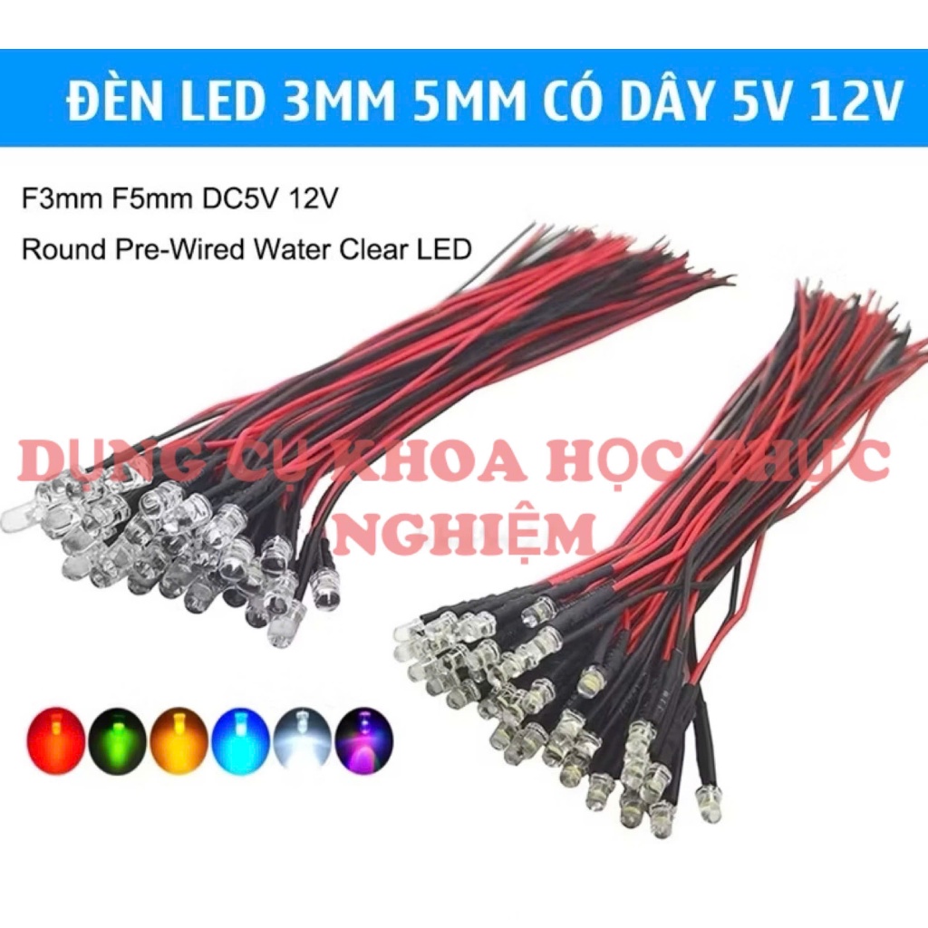 Set 4 Bóng đèn LED size 5mm đủ màu có dây nối 3V - 12V làm nhà búp bê ...