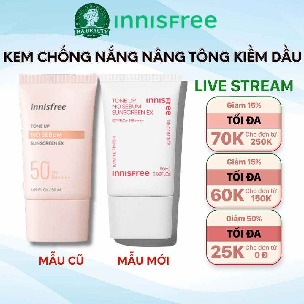 Kem chống nắng nâng tông kiềm dầu Innisfree Tone Up No Sebum Sunscreen Ex SPF50+ PA++++ 60ml ...