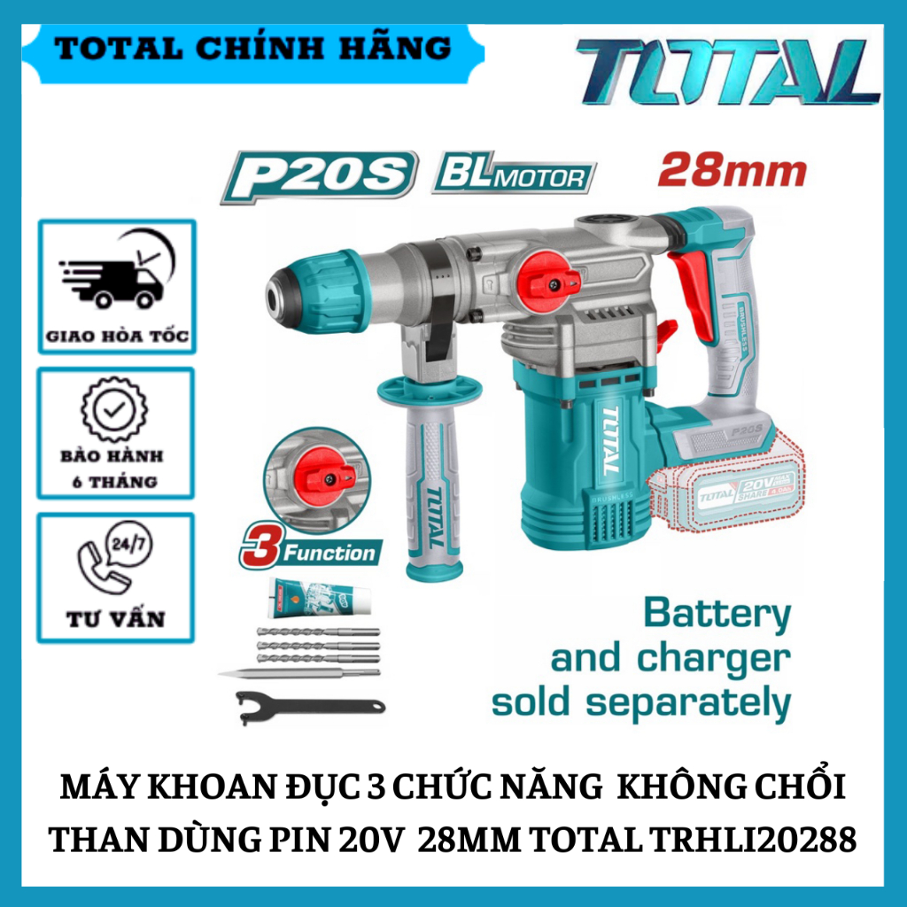 Máy khoan đục 3 chức năng không chổi than dùng pin 20V TOTAL TRHLI20288 ...