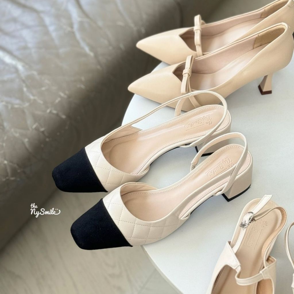 Giày cao gót mũi vuông phối mũi 5P sang chảnh, giày công sở đi làm ...