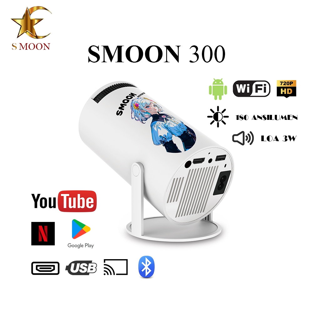 Máy Chiếu Mini Di Động SMOON 300 Xoay 180 Độ Bluetooth 5.0 Màn Hình Lớn ...