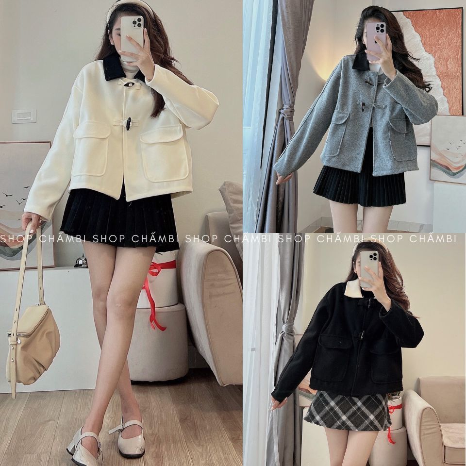 Áo dạ nữ A.566, Áo khoác dáng vừa tay dài đính khuy sừng túi nắp phối ...