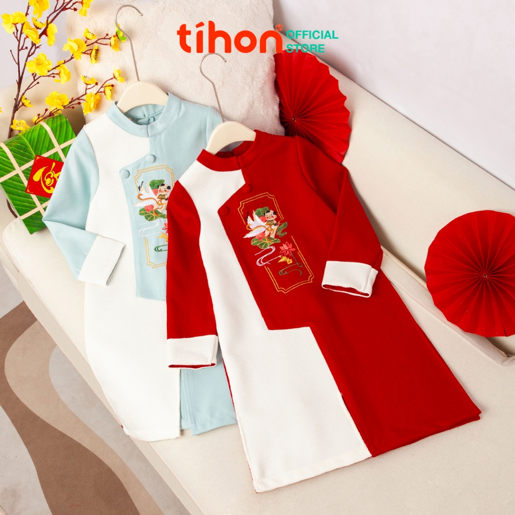 Áo dài bé trai TIHON cao cấp chất liệu dạ mềm mịn in hình bé đồng hoa ...