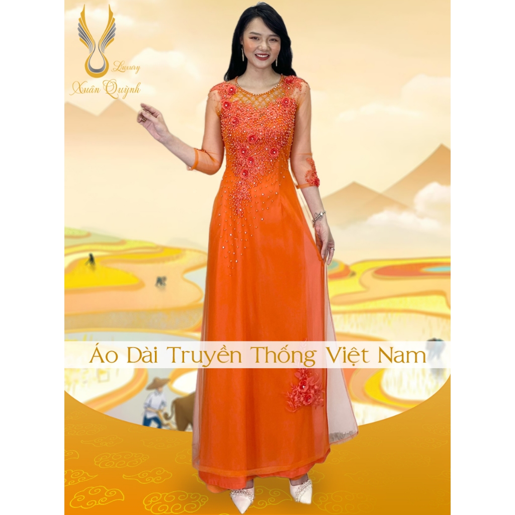 Áo Dài Sui Gia Đính Kết Thiết Kế 4 Tà, Trẻ Trung Duyên Dáng QM03 Cam ...