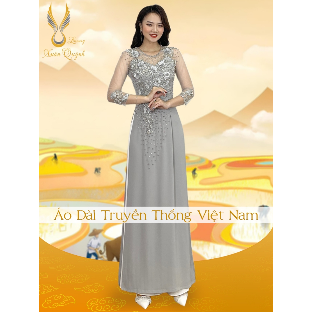 Áo Dài Sui Gia Đính Kết Thiết Kế 4 Tà, Sang Trọng Quý Phái QM03 Ghi ...