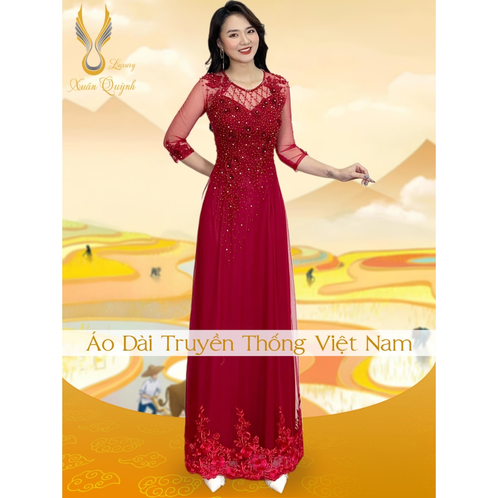 Áo Dài Sui Gia Đính Kết Thiết Kế 4 Tà, Sang Trọng Đẳng Cấp QM03 Đỏ Đô ...