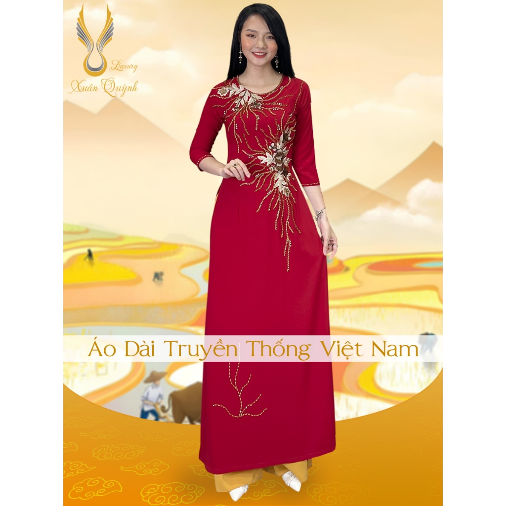 Áo Dài Sui Gia Đính Kết Thiết Kế 2 Tà Sang Trọng, Lụa Mỹ QM04 Đỏ Đô ...