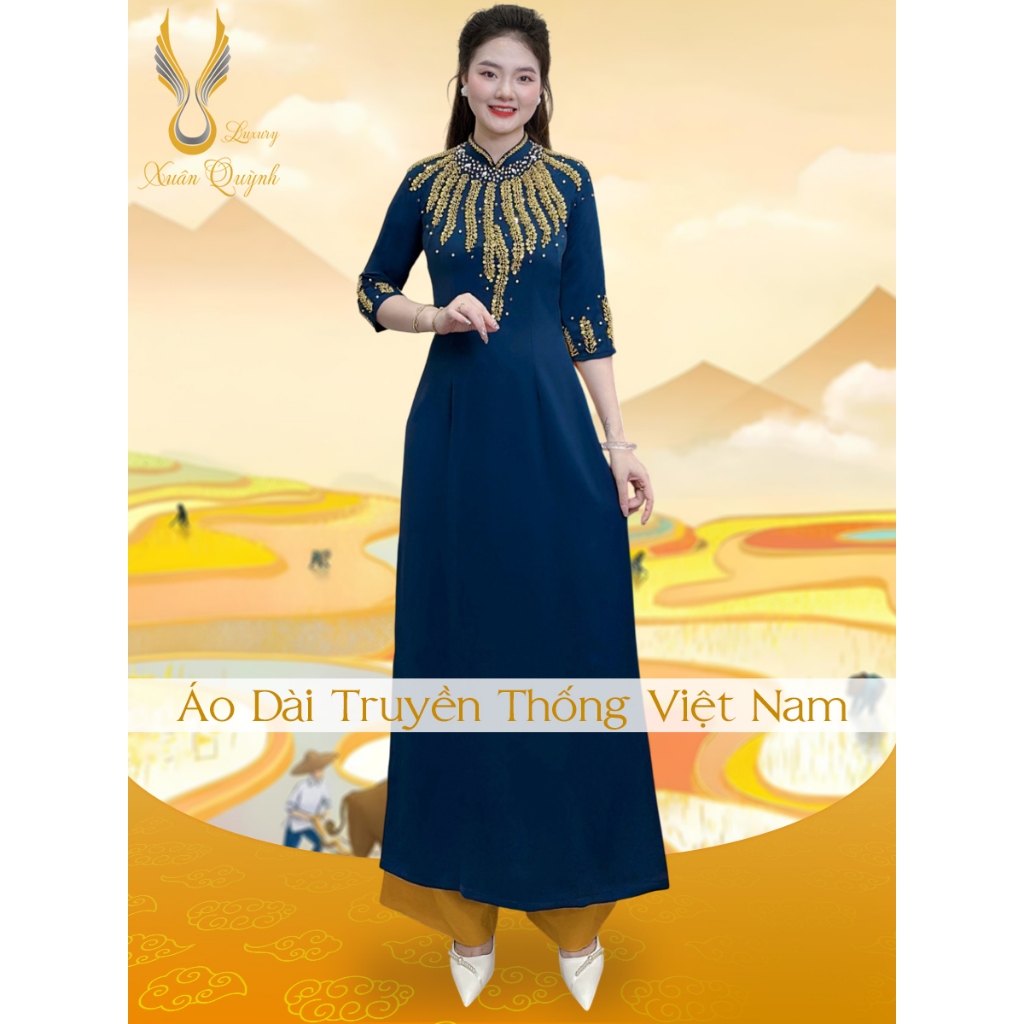 Áo Dài Sui Gia Đính Kết Thiết Kế 2 Tà, Sang Trọng Duyên Dáng QM16 Xanh ...