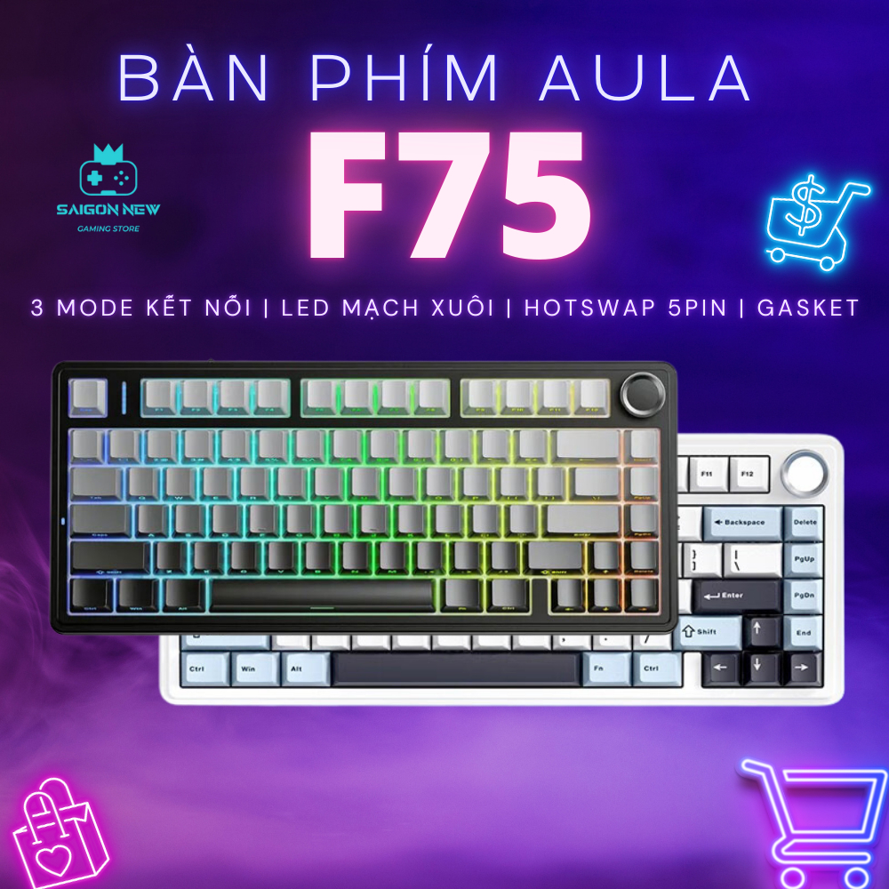 Bàn phím cơ không dây Aula F75 mạch xuôi - Hỗ trợ hotswap mạch 5pin - Có núm xoay tiện lợi ...