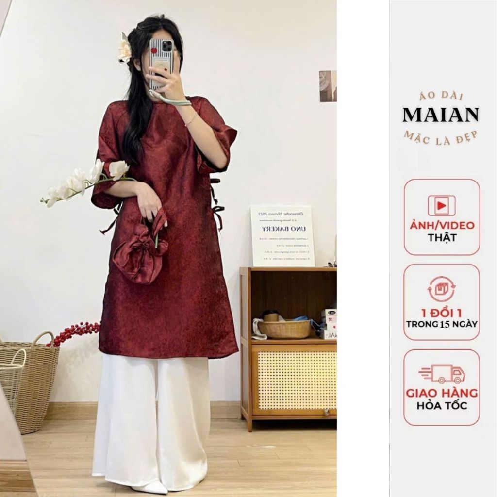 Set áo dài truyền thống nữ kèm túi Maian áo cổ tròn dáng lửng tay loe siêu xinh kèm quần lụa cạp ...