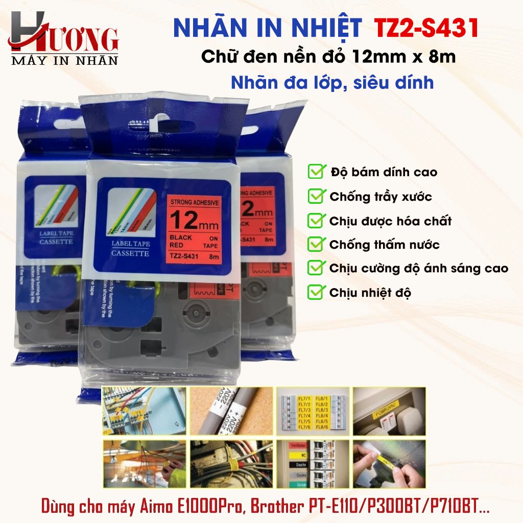 Nhãn in TZ2-S431 dùng cho máy Aimo E1000 Pro I Brother PT-E110/P300BT/P710BT - Chữ đen nền xanh ...