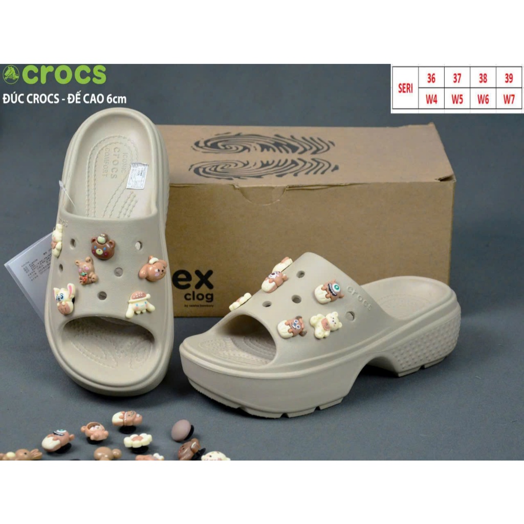 Dép CROCS cao 6cm, dép cross quai ngang đúc cao su EVA nguyên khối êm mềm nhẹ, tặng stick ngẫu ...