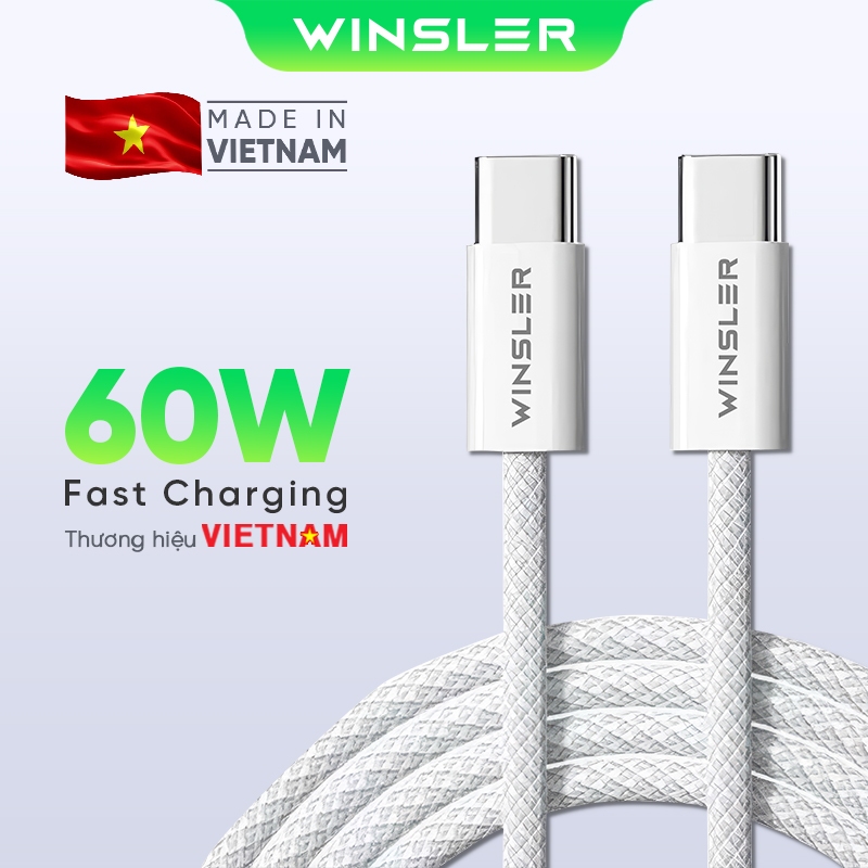 Cáp sạc nhanh Winsler Type C Cable PD 60W Dual Type-C 100 cm / 20V, 3A / 480 Mbps phù hợp ...