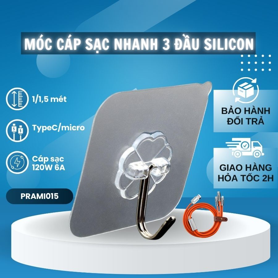 Móc treo Cáp sạc 3 đầu - PRAMI - Cáp sạc silicon 3 đầu / Cáp sạc nhanh 3 đầu / siêu bền ...