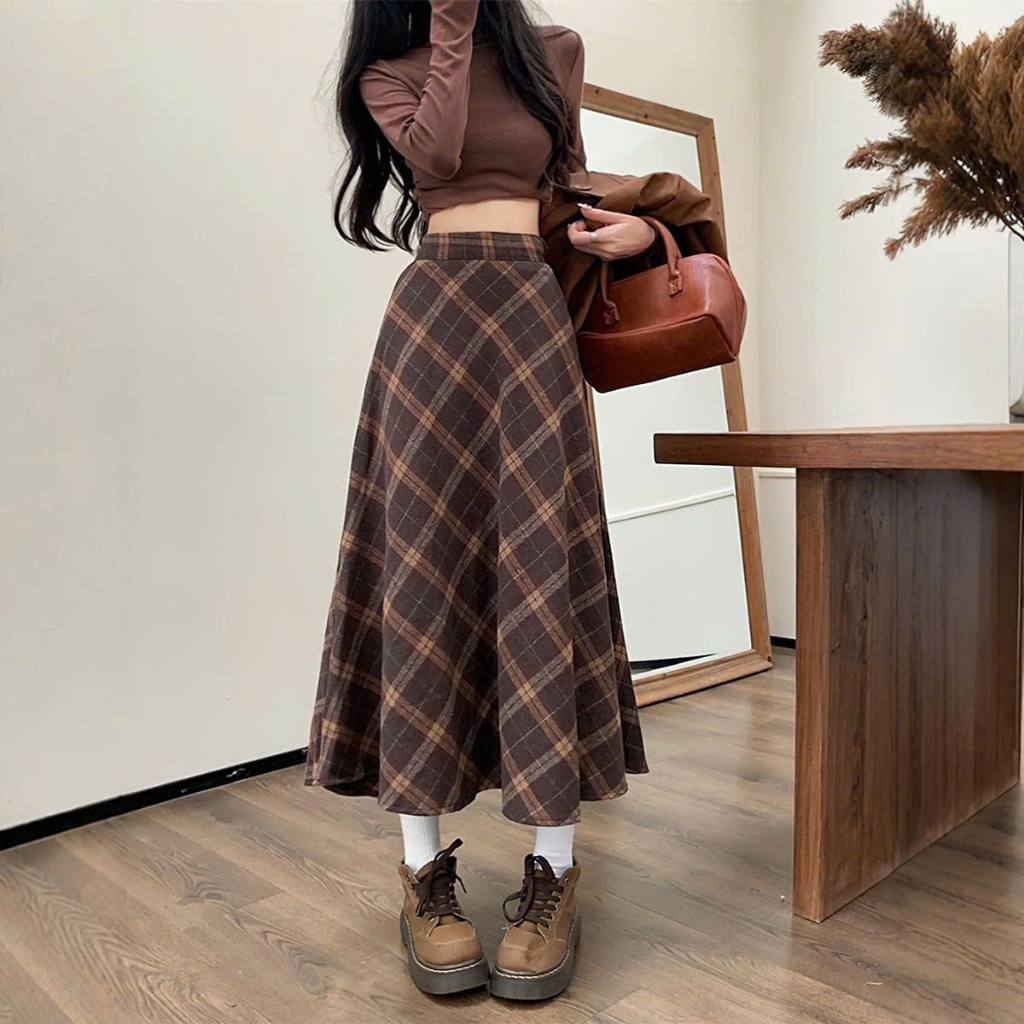 [HCM] Chân Váy Dài Karo Xòe Bồng Bềnh Lưng Chun Vintage, Phong Cách Hàn ...