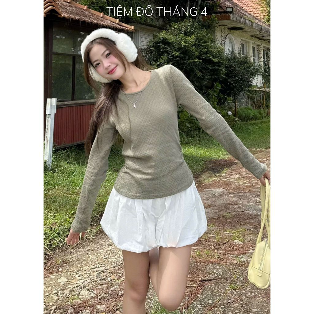 TDT4 - Áo Thun Cổ Tròn Tay Dài Khoét Lưng Vải Len Co Giãn Nhẹ Màu Kem Xanh Size S/M EVAN TOP ...