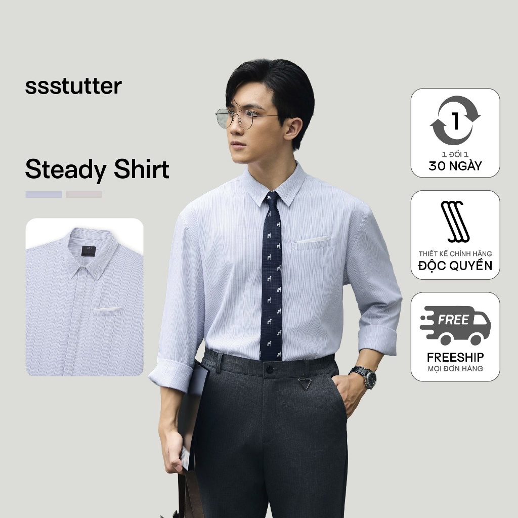 Áo sơ mi cổ đức nam SSSTUTTER kẻ sọc dài tay công sở thoáng mát ít nhăn ...