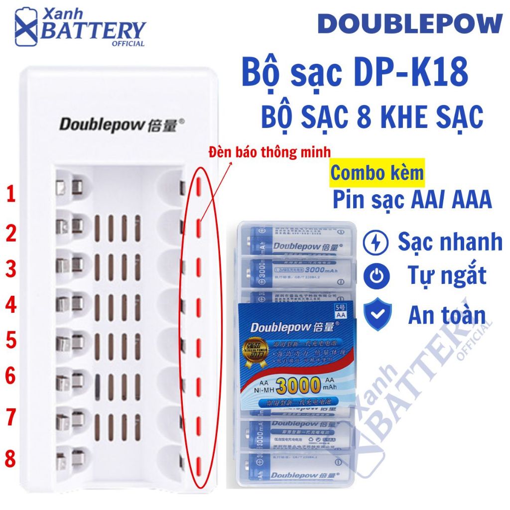 Bộ Sạc Pin AA (2A)/ AAA (3A) 8 đèn Sạc 8 Pin Doublepow DP-K18 Tự Ngắt, Đèn Báo Thông Minh Dùng ...