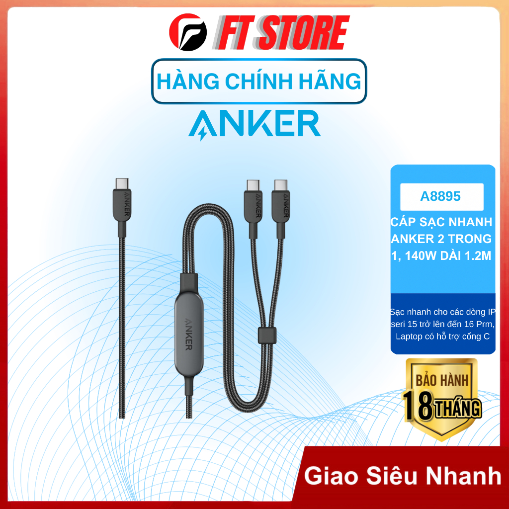 Cáp sạc nhanh Anker 2 in 1 C-C 140W - A8895, 1,2m dây bọc dù chắc chắn, tiện lợi, tối ưu cổng ...