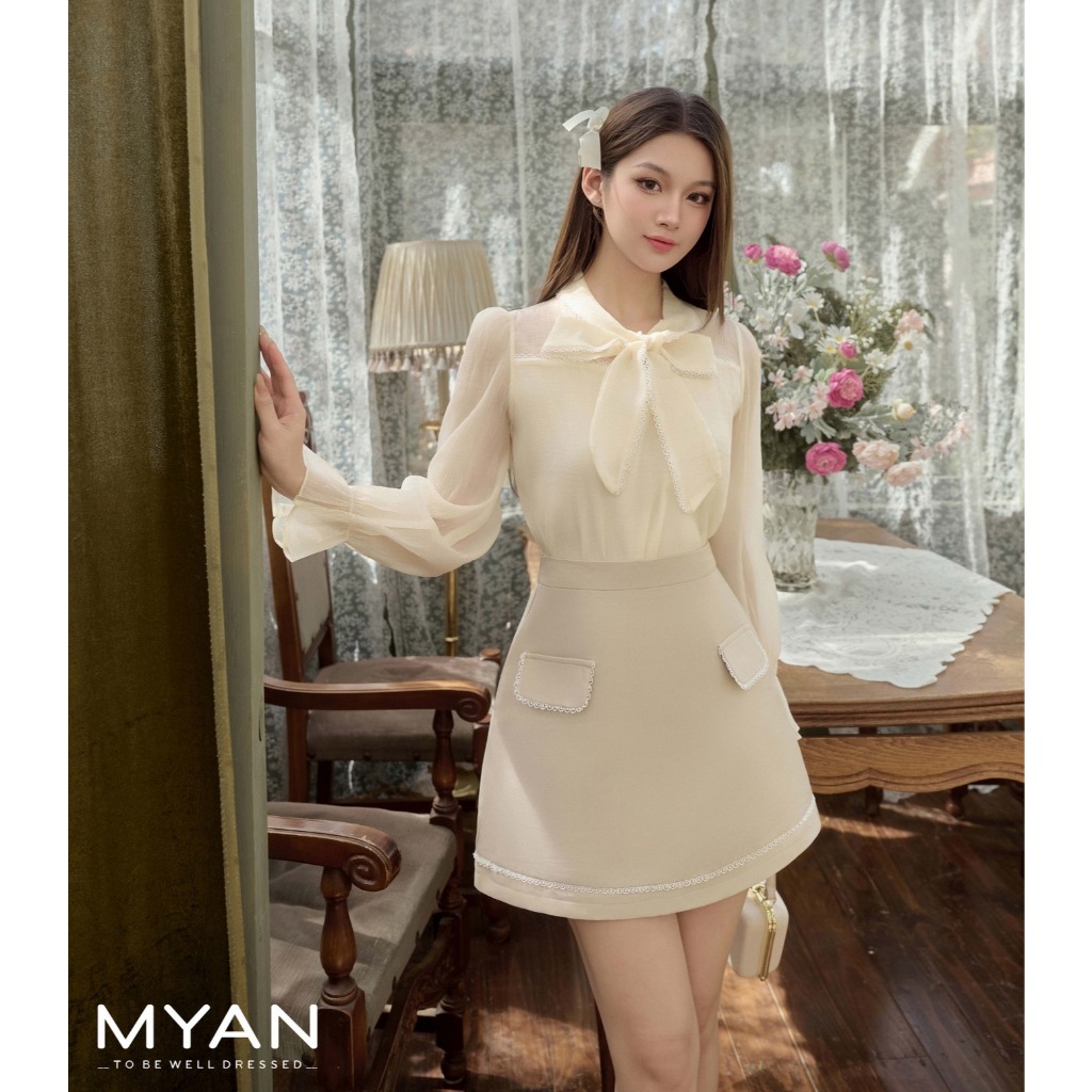 MYAN DESIGN Sơ Mi Nơ Chất Liệu Tơ Phối Dây Ren Màu Kem Tôn Da Tinh Tế ...