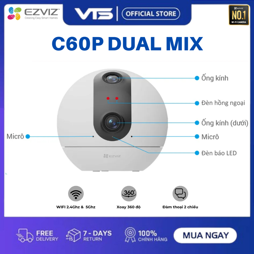 Camera Wifi EZVIZ C60P 2K (3MP + 3MP), C6C 4K 8MP, H6 3K 5MP - Đàm Thoại 2 Chiều, Theo Dõi ...