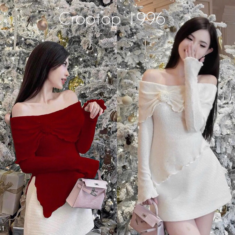 Áo Noel Len Đỏ trễ vai đón tết cực xinh A347 | Shopee Việt Nam