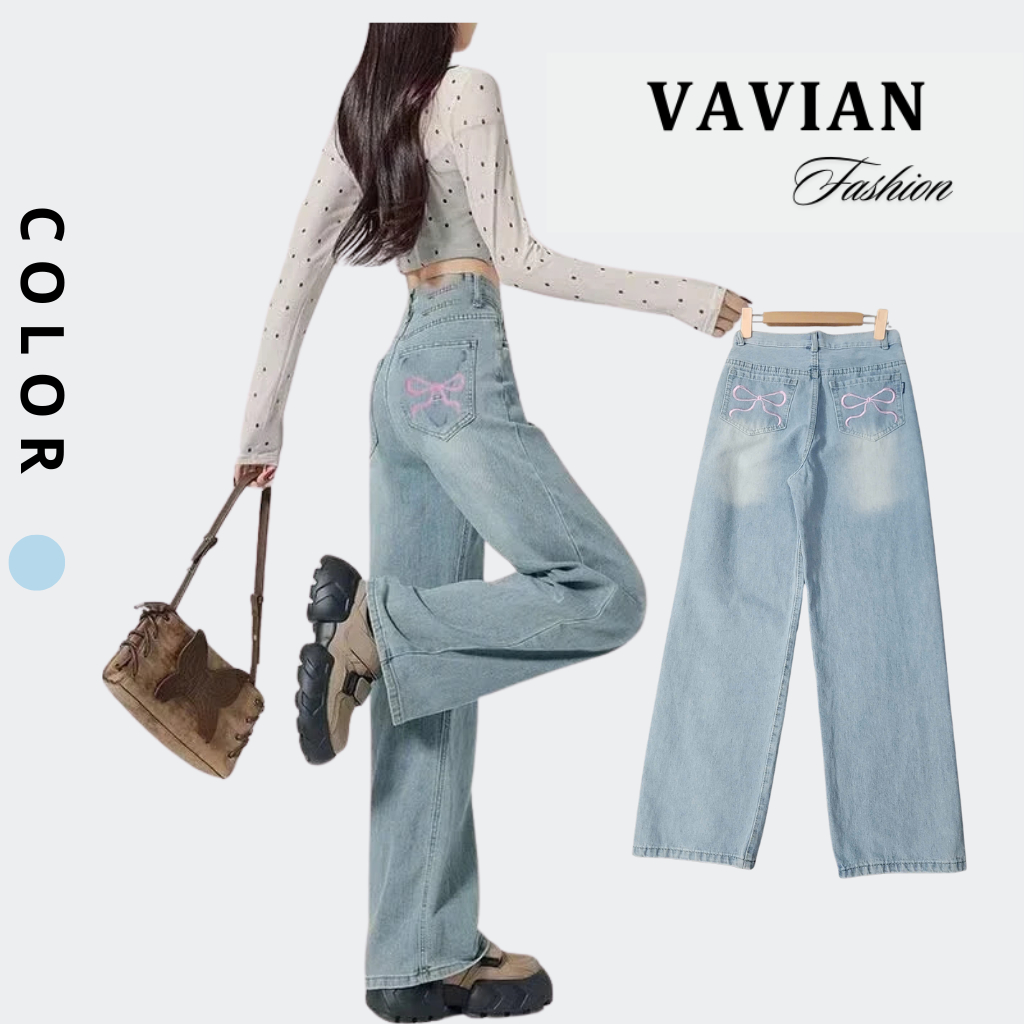 Quần Jean Nữ Ống Rộng Wash Bụi Thêu Nơ Túi Sau Phong Cách Hàn Quốc Cực ...