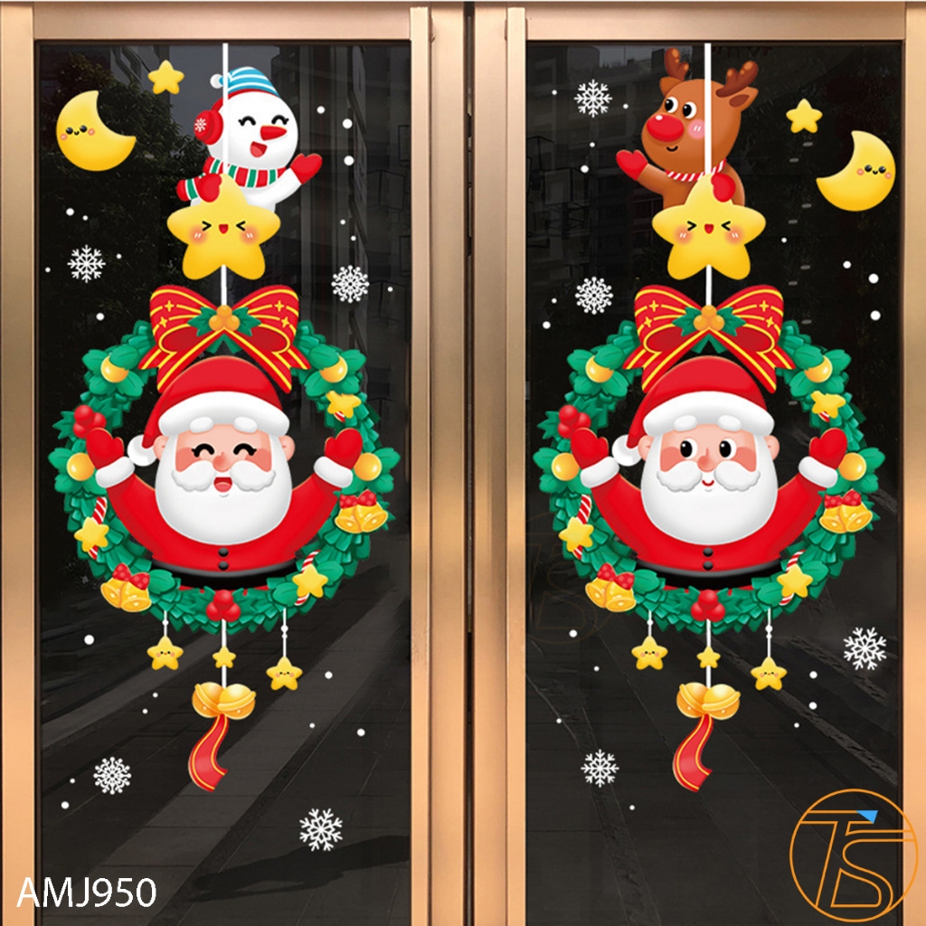 Decal dán kính trang trí giáng sinh mẫu ông già noel và cây thông khổ ...