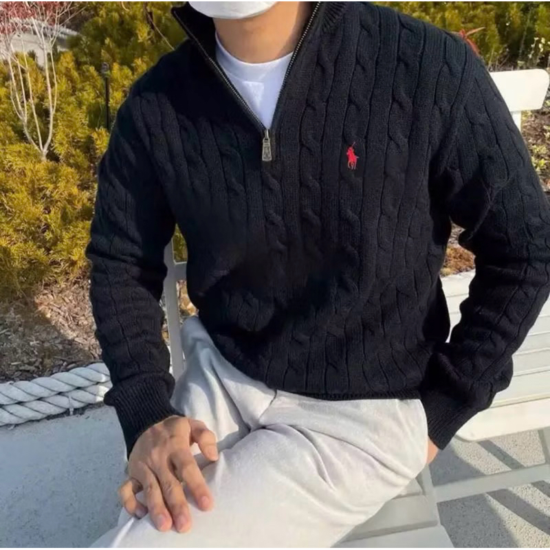 Áo len dệt RL Ralph Horse Logo Thêu Đan Nam Thu Đông Đứng Cổ Nửa Zip ...