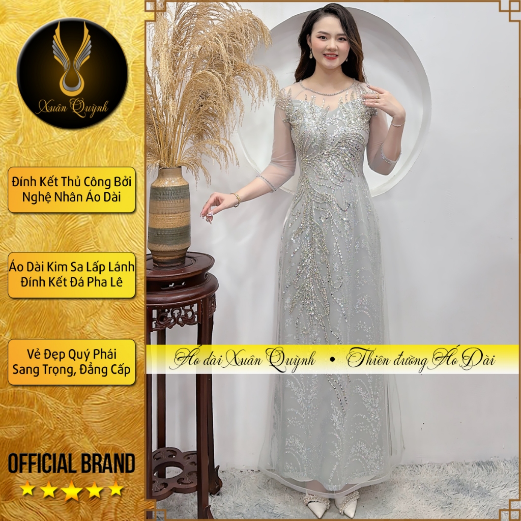 Áo Dài Kim Sa Quý Phái Lấp Lánh, Đính Kết Thủ Công VIP02 Ghi - Áo Dài Xuân Quỳnh | Shopee Việt Nam
