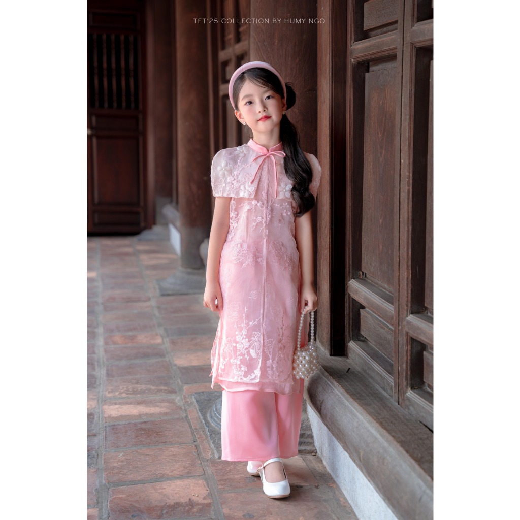 Áo dái cách tân bé gái HUMY NGO chất liệu tơ thêu hoa cao cấp áo dài size lớn cho bé từ 14 ...