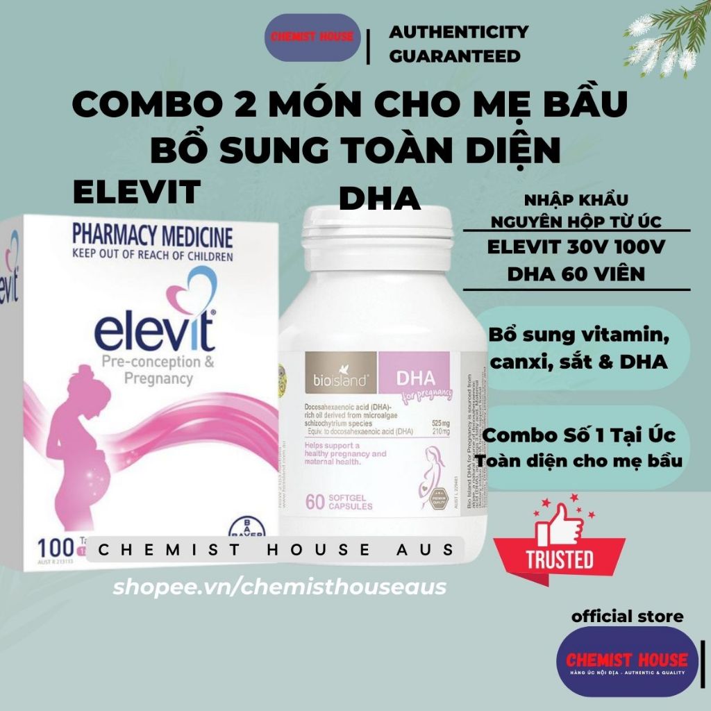 Combo 2 món Vitamin Mẹ Bầu chuẩn Úc (Elevit bầu hồng tổng hợp + DHA Bio ...