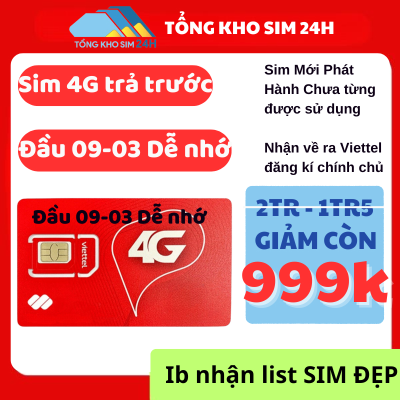 Sim Viettel 4G VIP số đẹp 999K TRẢ TRƯỚC, Đầu 09 nghe gọi, làm việc [ĐKCC + ESIM tại Viettel ...