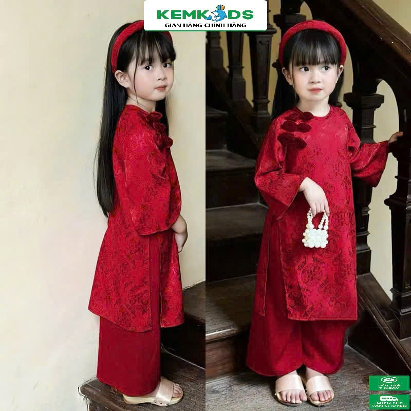 Cách tân Kem Kids bé gái mẫu đỏ đính 3 nơ kèm mấn mặc tết 10-28kg ...