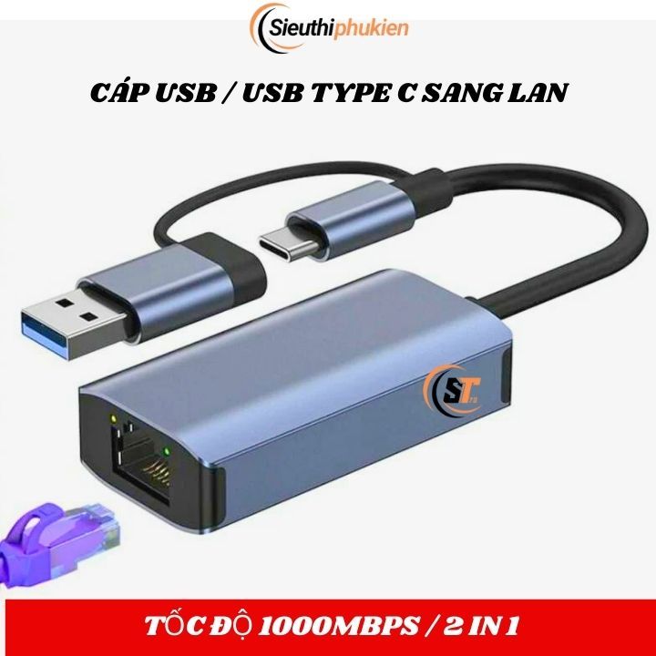 Cáp chuyển Usb type C sang cổng mạng lan giga 2 in 1 xịn , USB-c to Lan ...