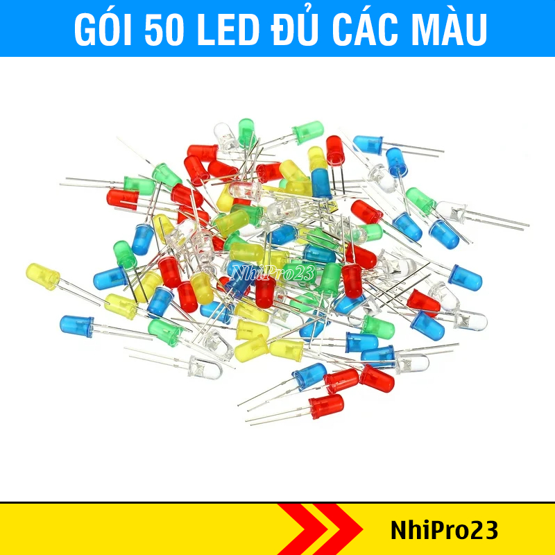 Gói 50 - Đèn led 3v phủ màu 3mm 5mm ( đỏ, xanh lá cây, vàng, xanh dương ...