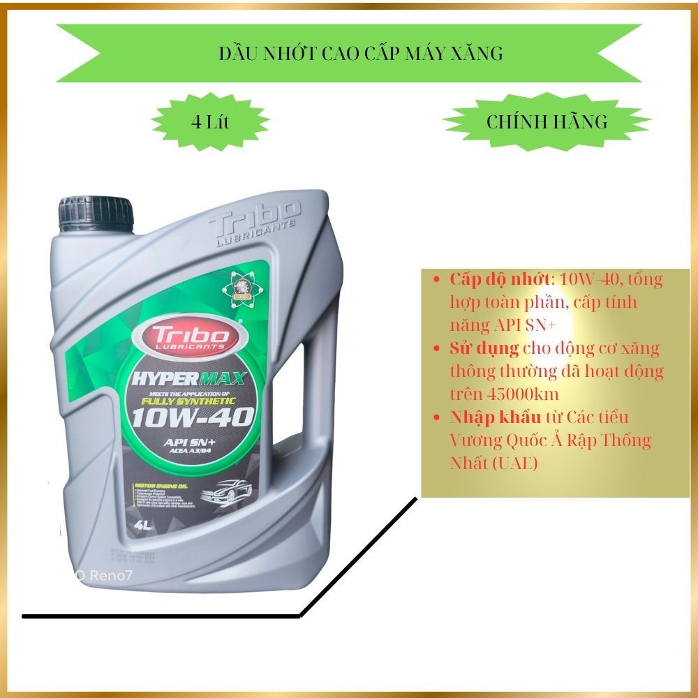 Dầu nhớt ô tô máy xăng, nhớt xe con, Nhớt TRIBO, SAE 10W-40 API SN+, tổng hợp toàn phần, Can 4L ...