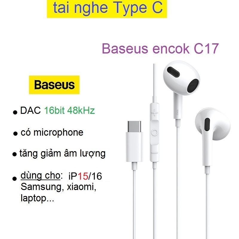 Tai nghe Type c Baseus C17 có mic DAC 16bit 48kHz dùng cho Samsung ...