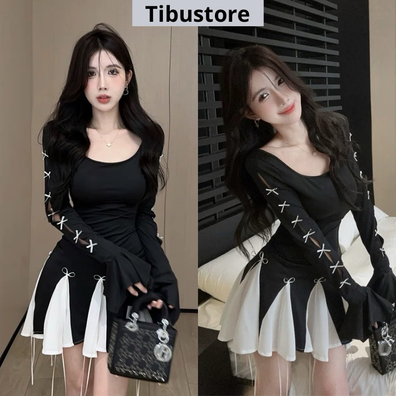 Đầm Body Tay Dài Dáng Xoè Đính Nơ TIBU Đầm Nữ Ngắn Tôn Dáng Trắng Đen Đi Chơi Dự Tiệc Noel Tết ...