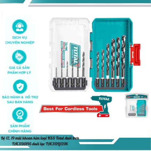 Bộ 12 , 19 mũi khoan HSS TOTAL đuôi trơn TACSD0195 đuôi lục TACSDL11206 ...