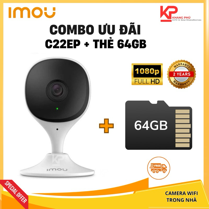 COMBO Camera Wifi trong nhà C22EP 2MP Full HD 1080p + Thẻ 64GB, Báo ...