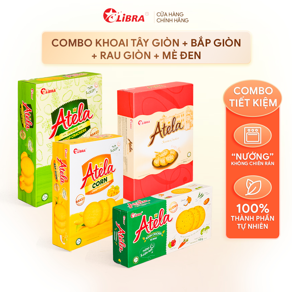 COMBO 4 Bánh Cracker Atela Khoai tây giòn + Bắp giòn + Rau giòn + Mè ...