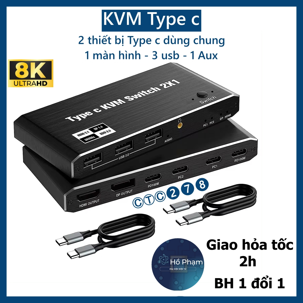 KVM Type c từ 2 thiết bị Type c dùng chung 1 màn hình, 3 USB, 1 Aux hỗ ...