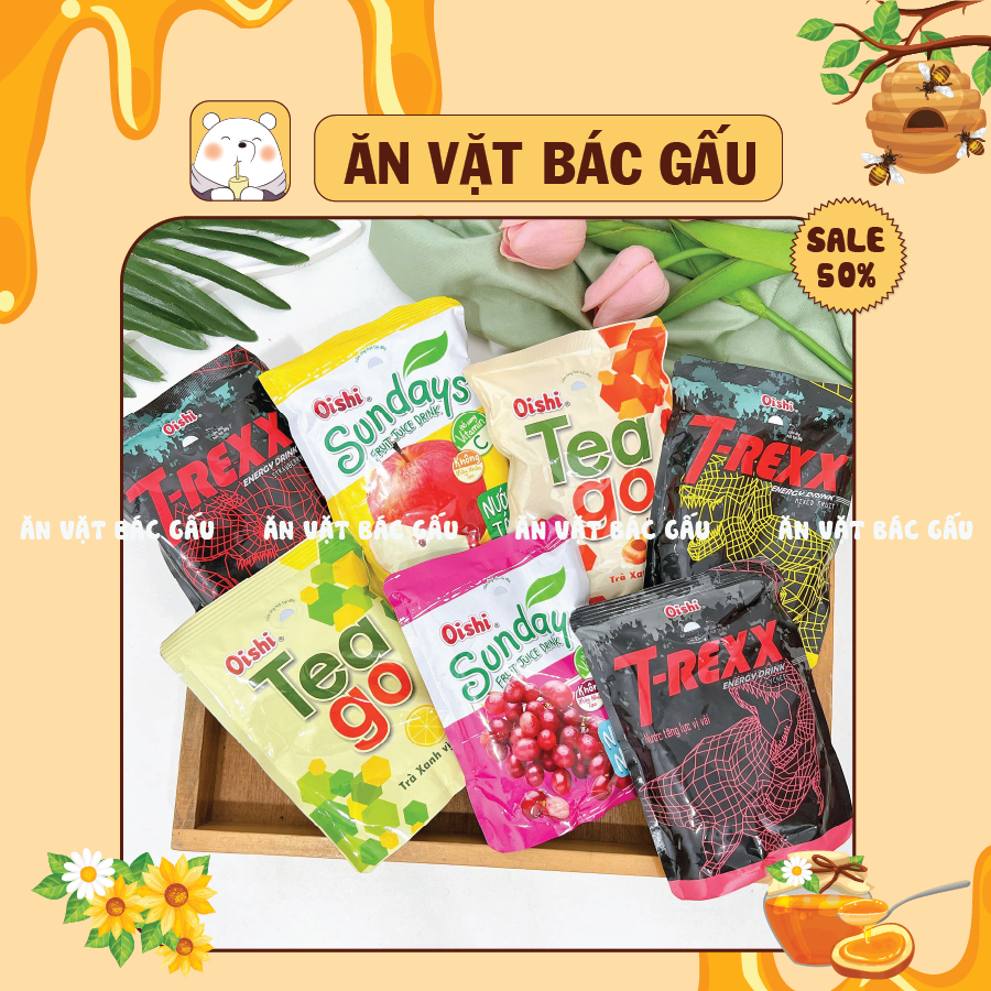 Nước Oshi Tea Go, Sunday, T-Rex vị chanh, đào, táo, nho, vải (gói 180ml ...