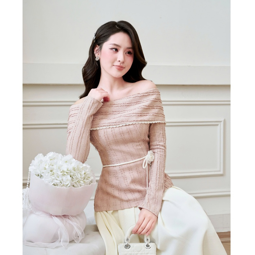 ZAMY SHOP - SM TK xốp trễ vai xốp đính hoa eo dài tay nữ tiểu thư dịu dàng thanh lịch 2 màu dễ ...