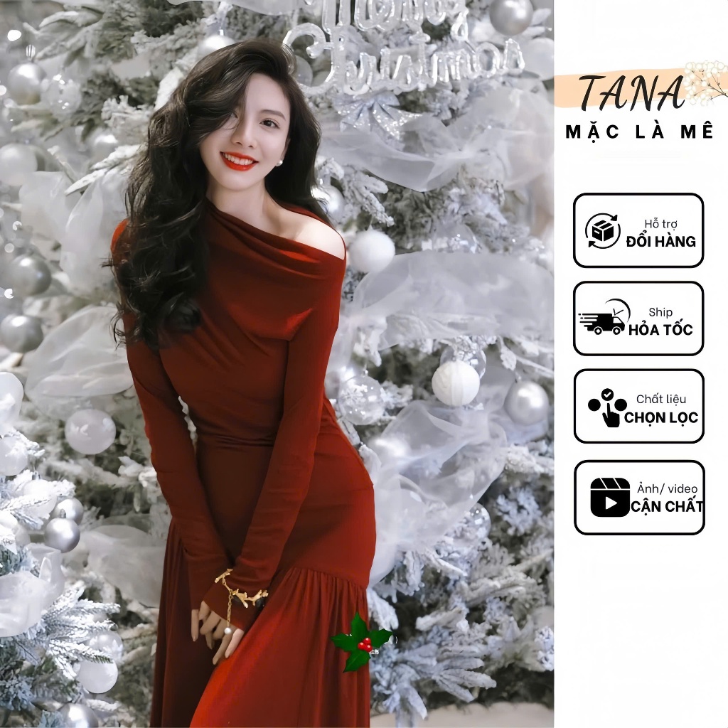 Đầm maxi dáng dài dự tiệc lệch vai có tay màu đỏ đô TANA trẻ trung, váy ...