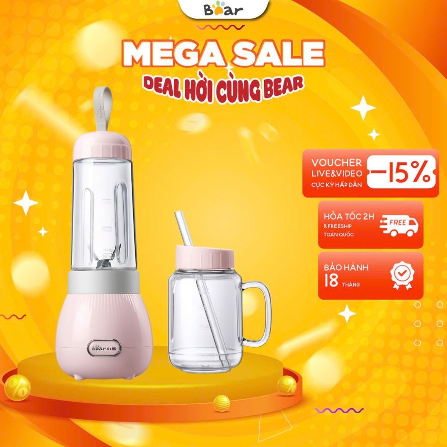 Máy xay sinh tố cầm tay 2 cối 0.4L Bear LLJ-C04W1, 150W, Đa Năng Xay hoa quả, trái cây, BH 18 ...
